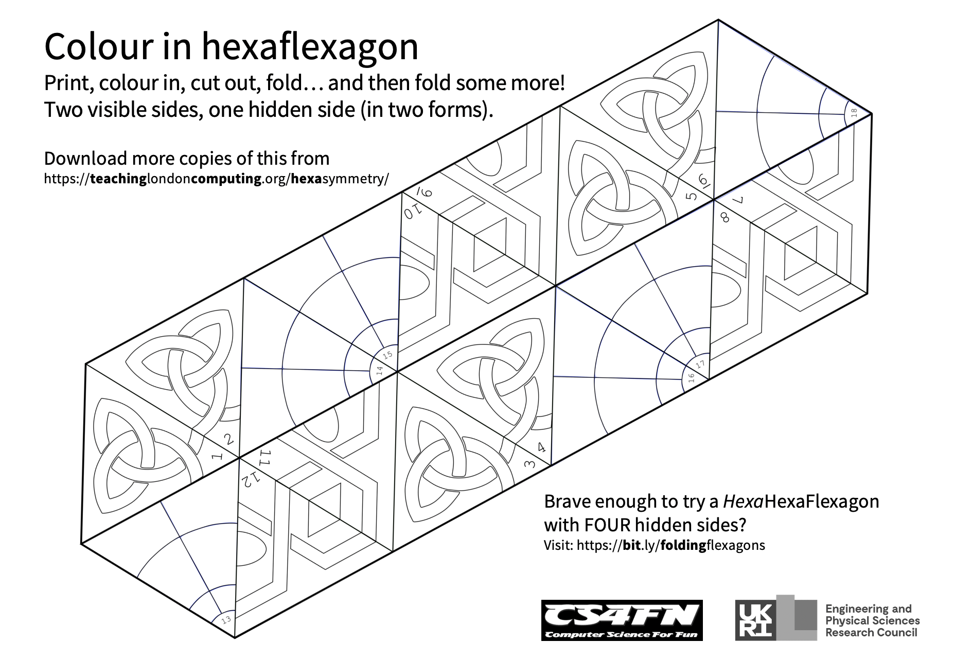 A colourful (or colour in) symmetrical-patterned hexaflexagon ...